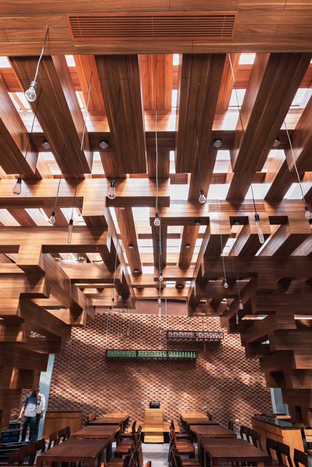 Stacks of timber create an open light-filled space for this restaurant