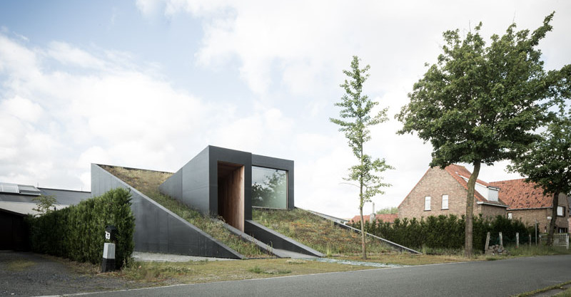 This wedge-shaped house has a sloping green roof facing the street