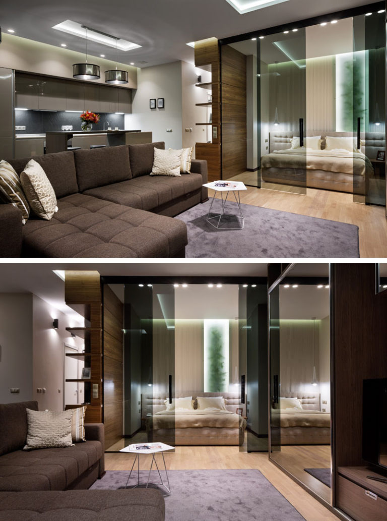 Glass Doors Define The Bedroom In This Small Apartment