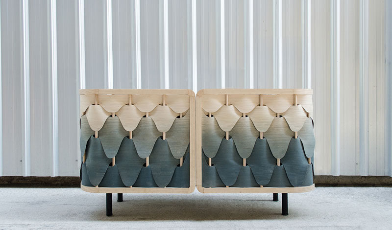 A Gradient Of Colorful Wood Veneers Cover This Cabinet Like Shingles