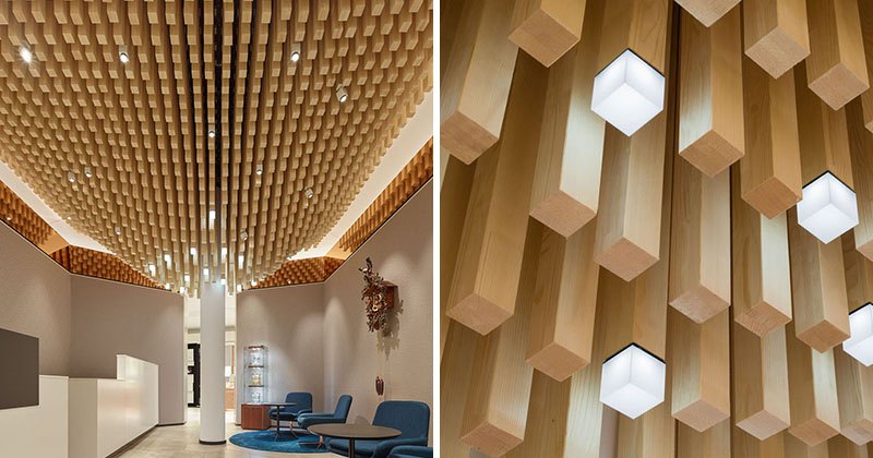 4362 Square Wooden Dowels Cover The Ceiling Of This Watch Showroom