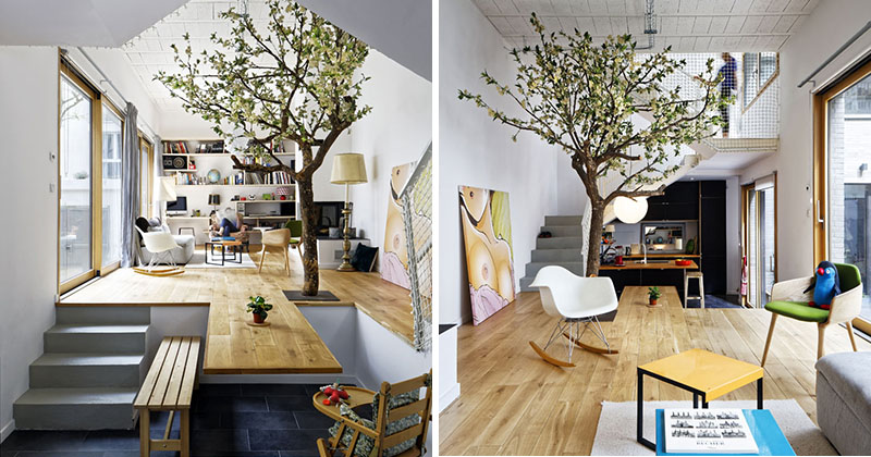 The floor of this living room becomes the dining table