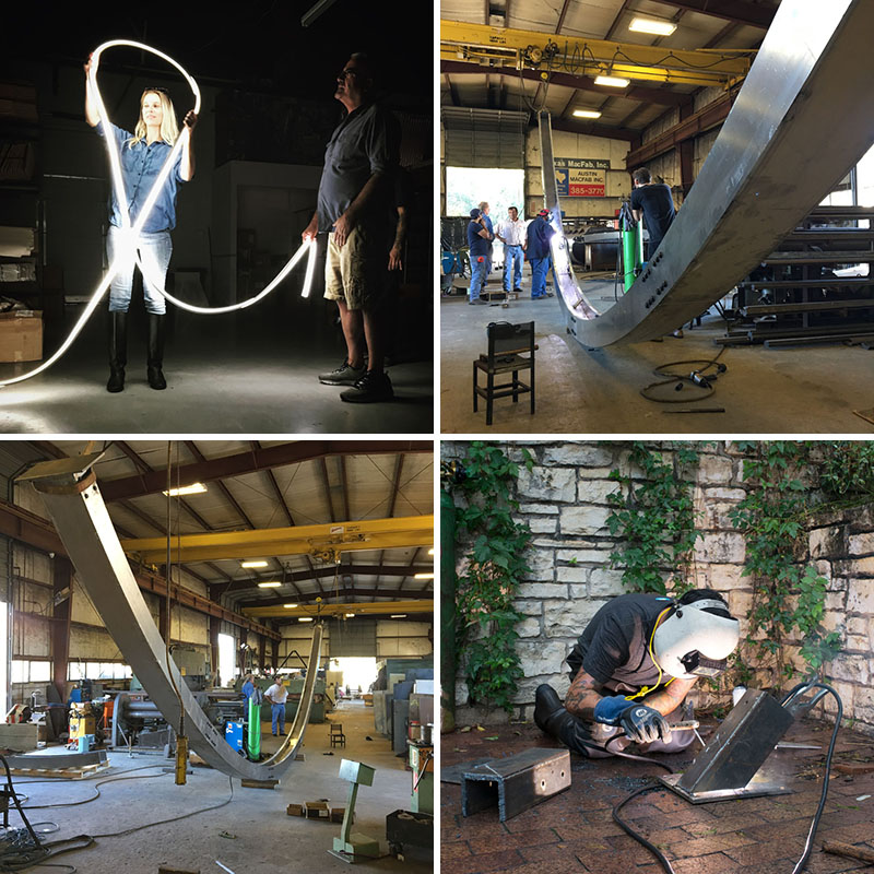 This illuminated arch rises up out of the water and surrounds a foot ...