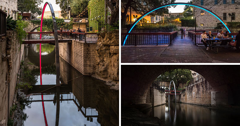 This illuminated arch rises up out of the water and surrounds a foot ...