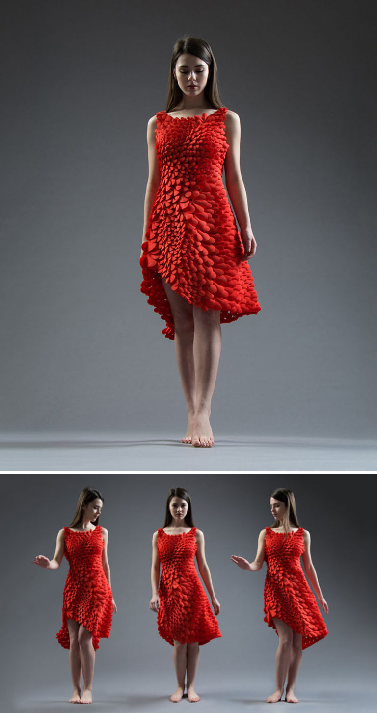 This 3D printed flowing red dress was inspired by petals, feathers, and ...