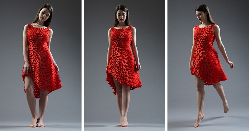 This 3D printed flowing red dress was inspired by petals, feathers, and ...