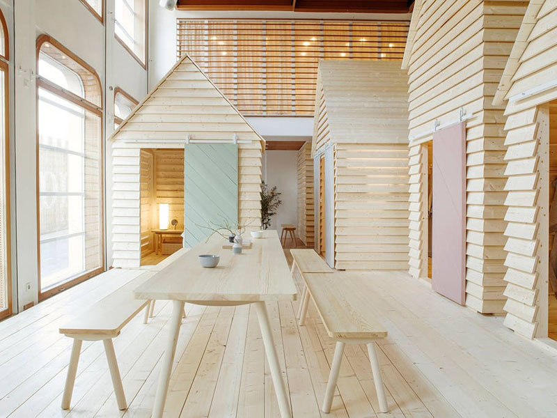 Six small cabins have been built inside the Finnish Institute in Paris ...