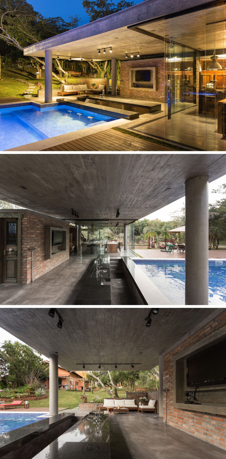 This Tropical Pool House Has A Swim Up Bar And A Glass Enclosed Dining Area