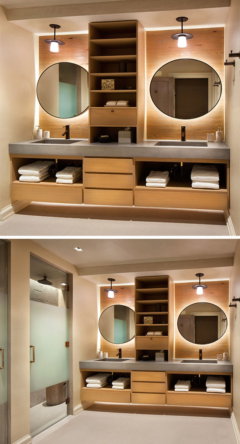 Separate a double sink vanity with wood shelves