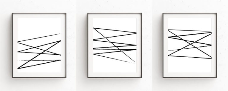 This collection of black and white art prints have brush strokes ...