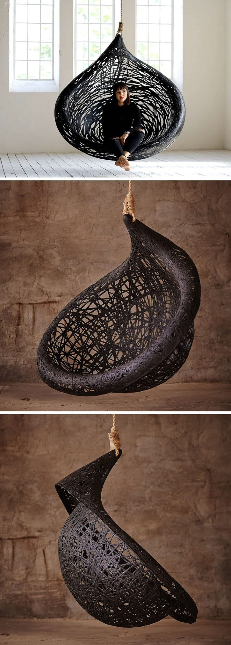 This unique hanging chair design is made from black volcanic basalt fibre