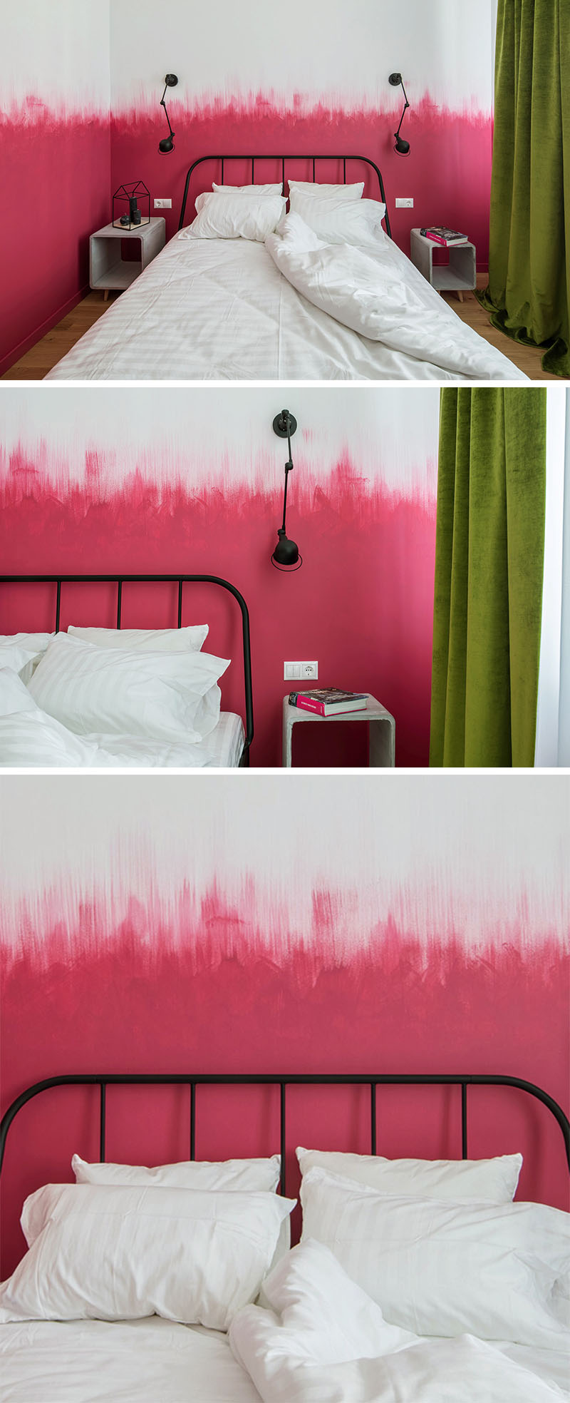 This bedroom softens the pink paint border with vertical brush strokes