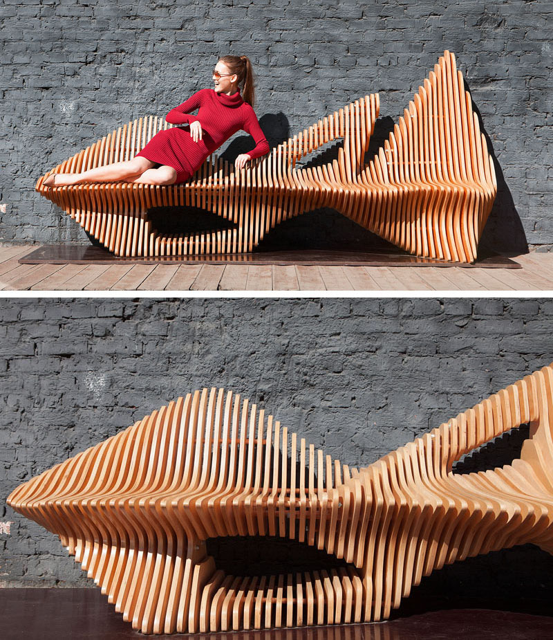 This Sculptural Wooden Slat Bench Was Inspired By A Falcon