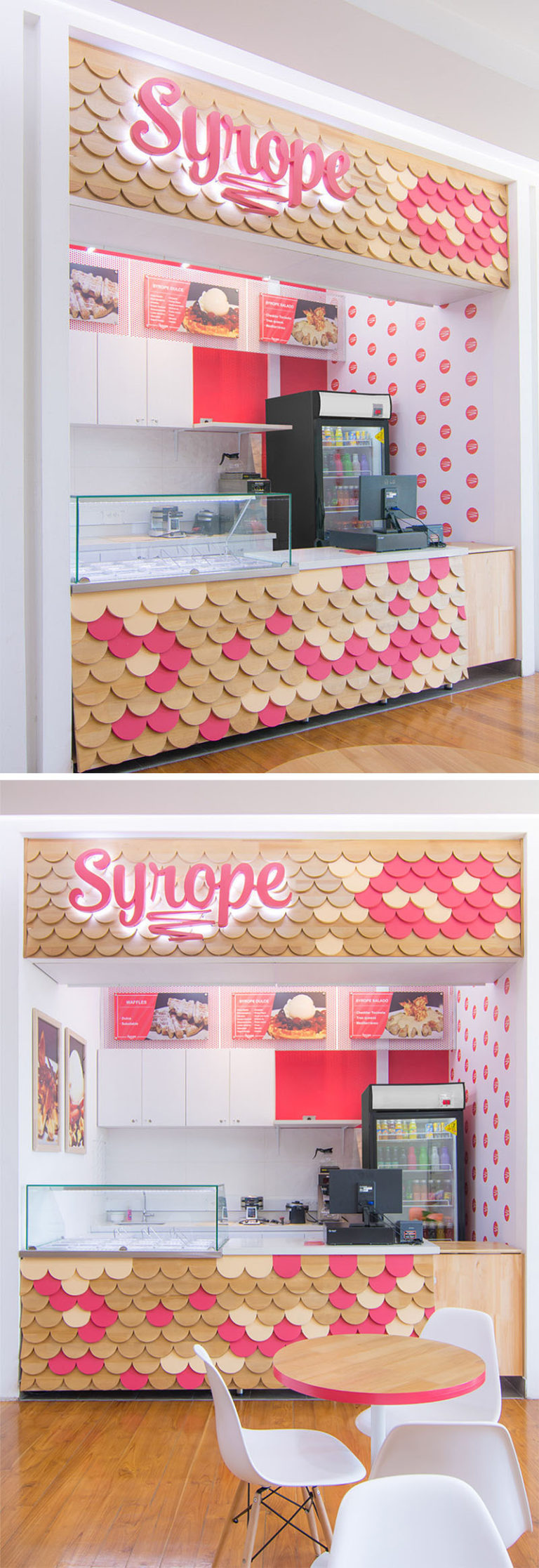 This Waffle Store Is Covered In A Pink And Wood Scalloped Pattern