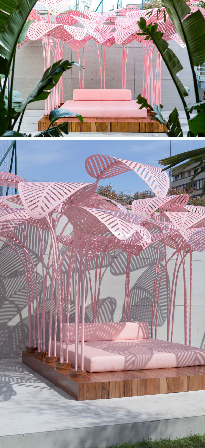 This Outdoor Sun Lounger Is Shaded By A Forest Of Pink Palm Leaves
