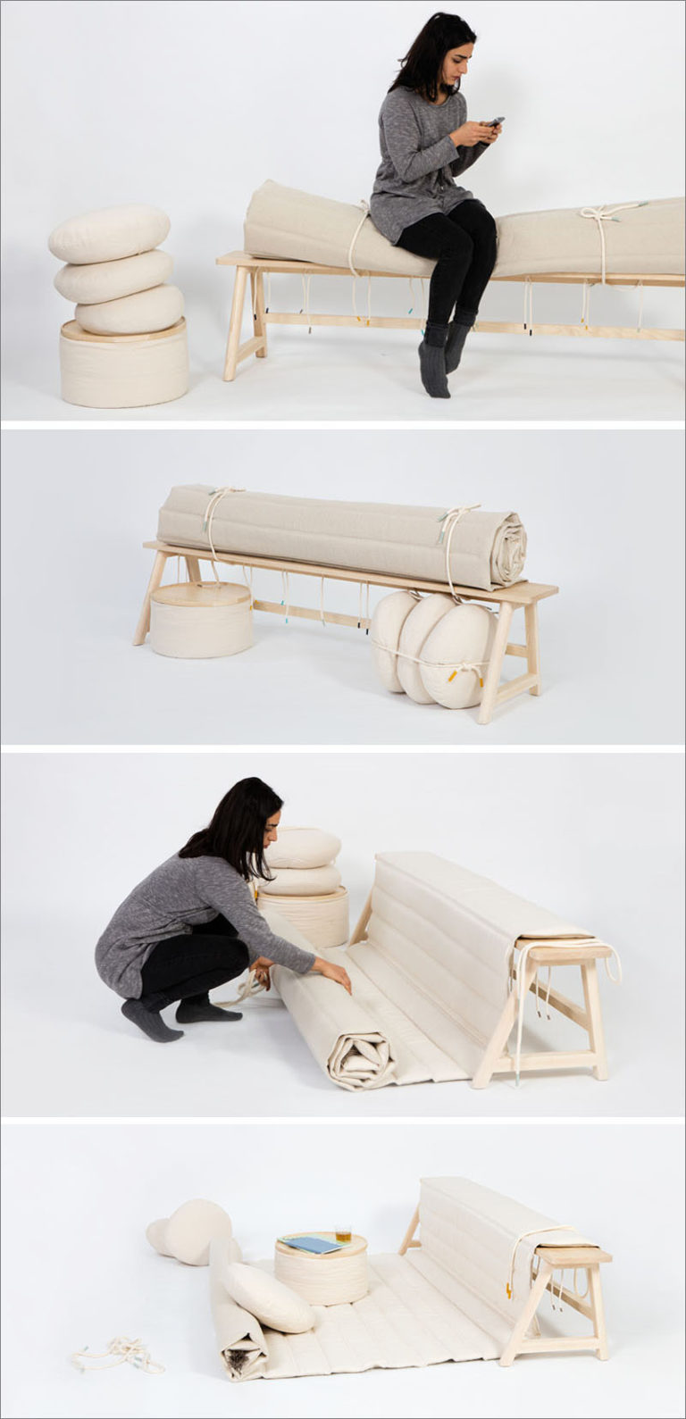 This Wood Bench Has A Cushion That Unrolls To Become A Comfortable Rug ...
