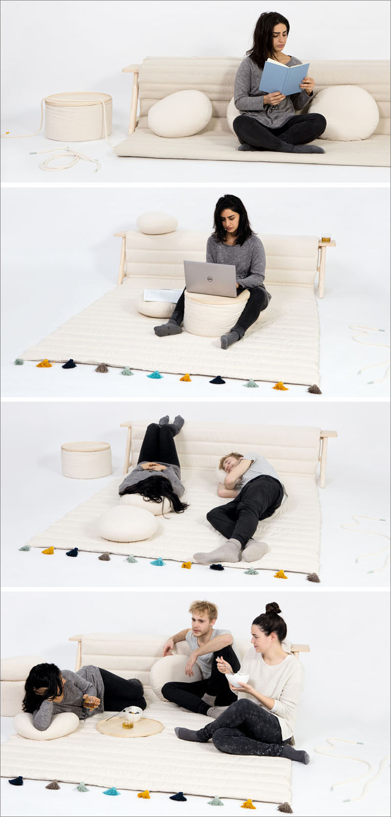 This Wood Bench Has A Cushion That Unrolls To Become A Comfortable Rug ...