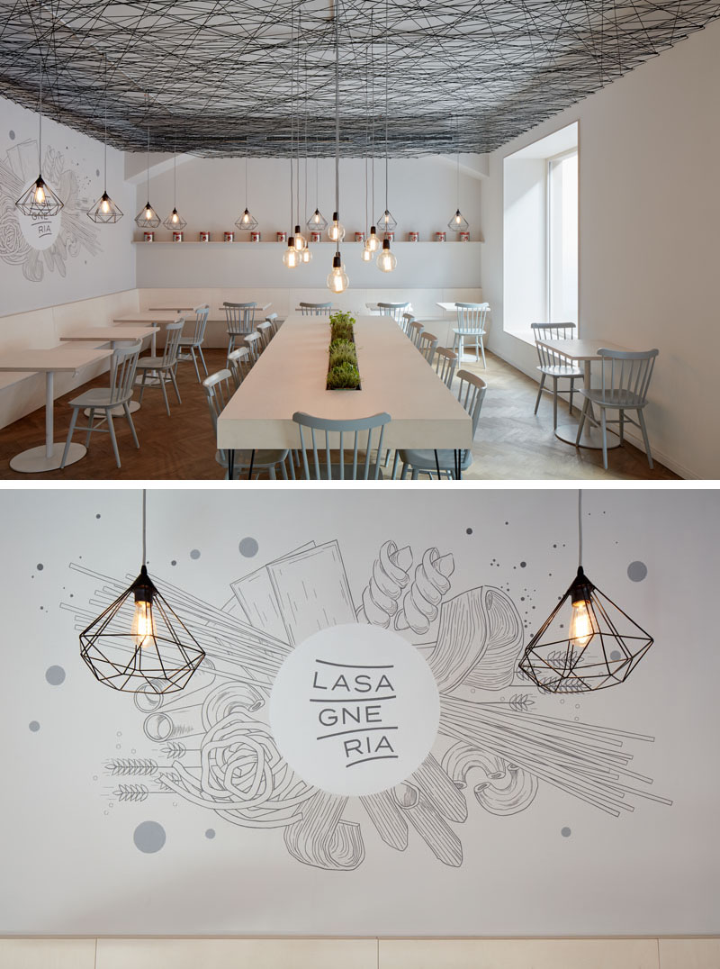 Black String Was Used To Create A Suspended Ceiling In This Bistro