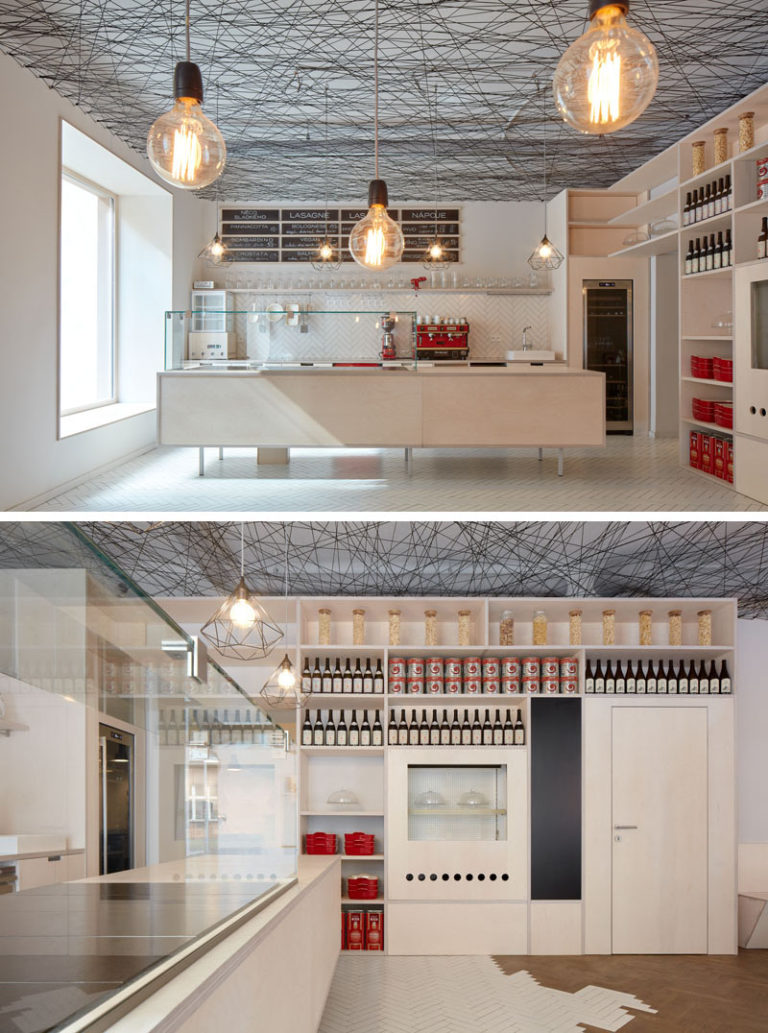 Black String Was Used To Create A Suspended Ceiling In This Bistro