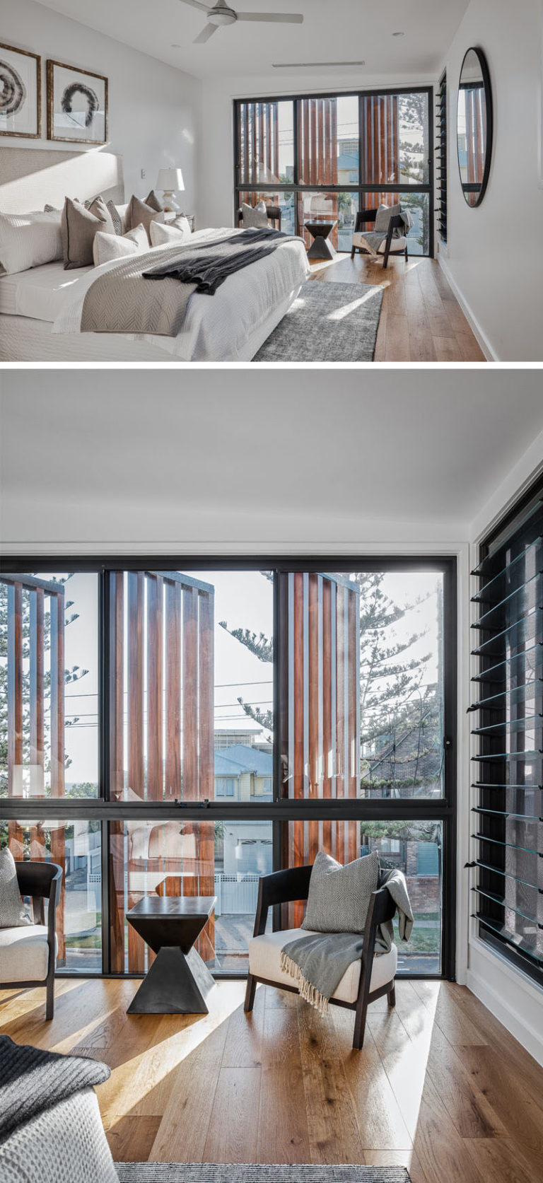 This Duplex Is Covered In Vertical Wood Fins And Large Shutters