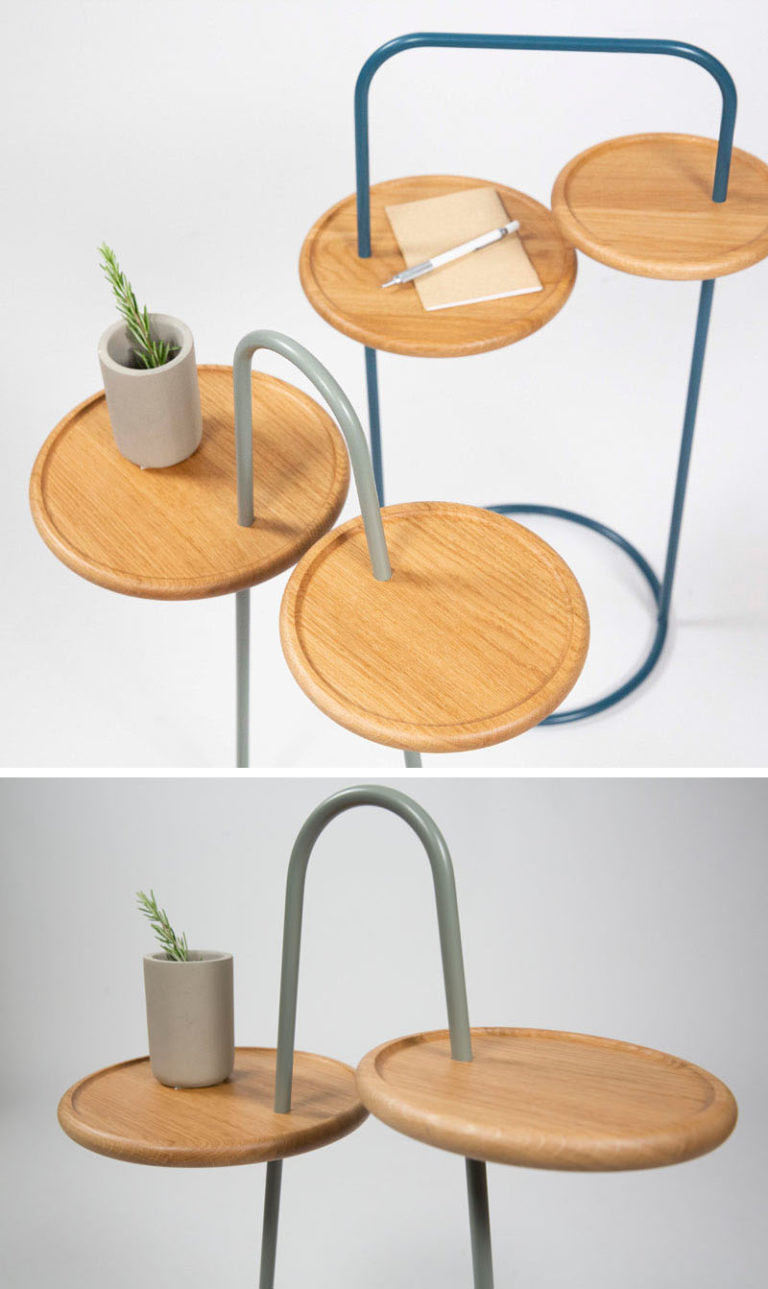 The Duet Side Table Has Two Surfaces Connected By A Curved Frame