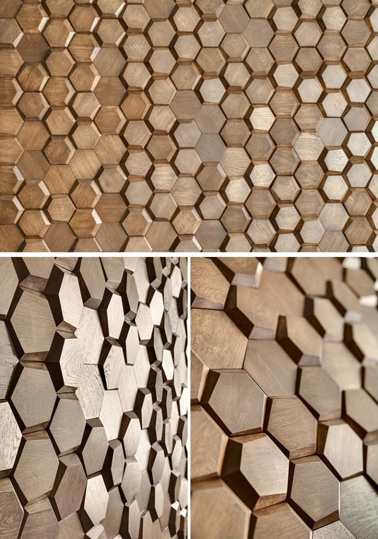 A Bedroom Accent Wall Made From 3D Hexagonal Wood Tiles
