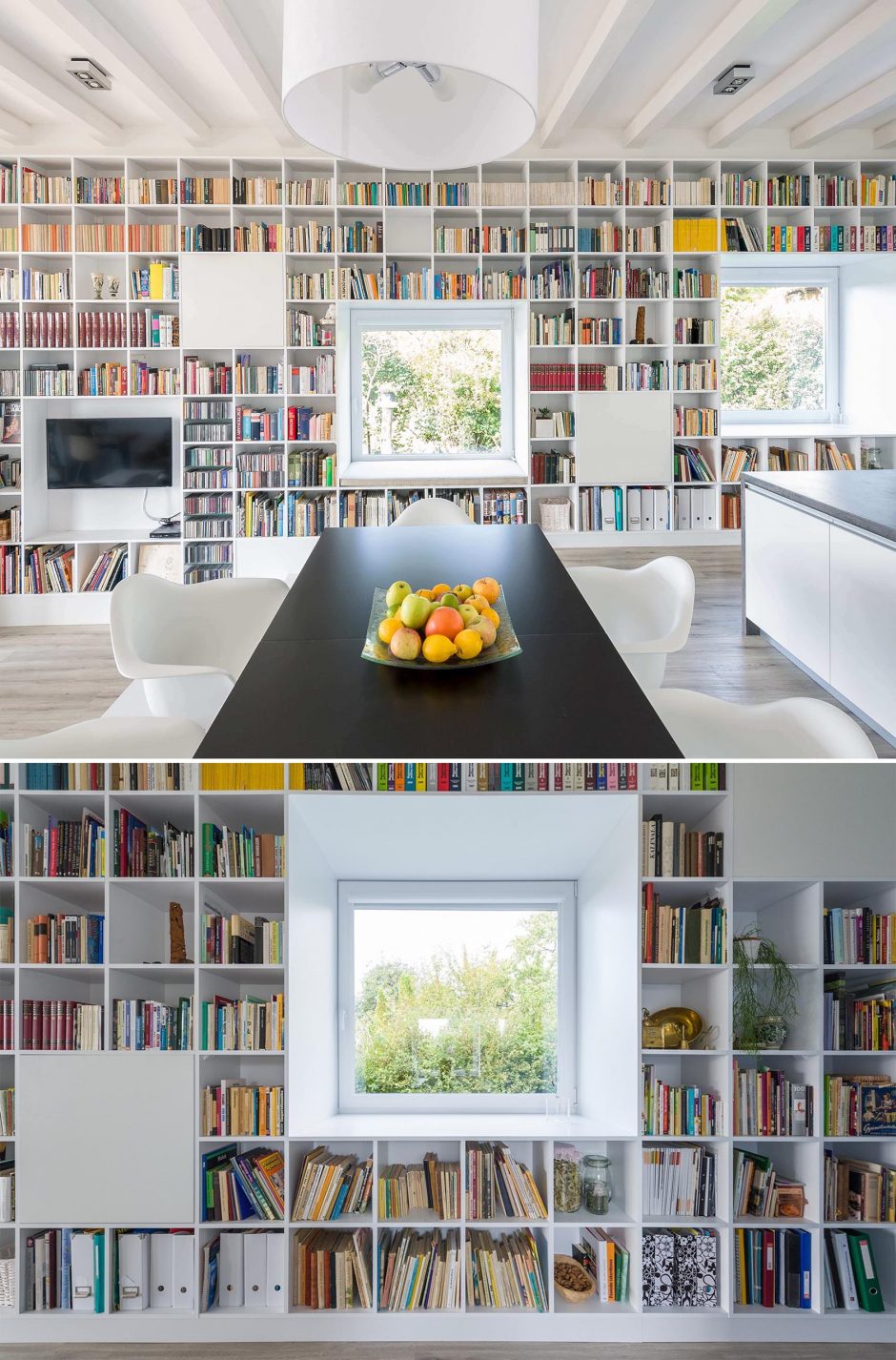 This Long Wall Of Shelving Incorporates Storage, A Fireplace, Windows ...