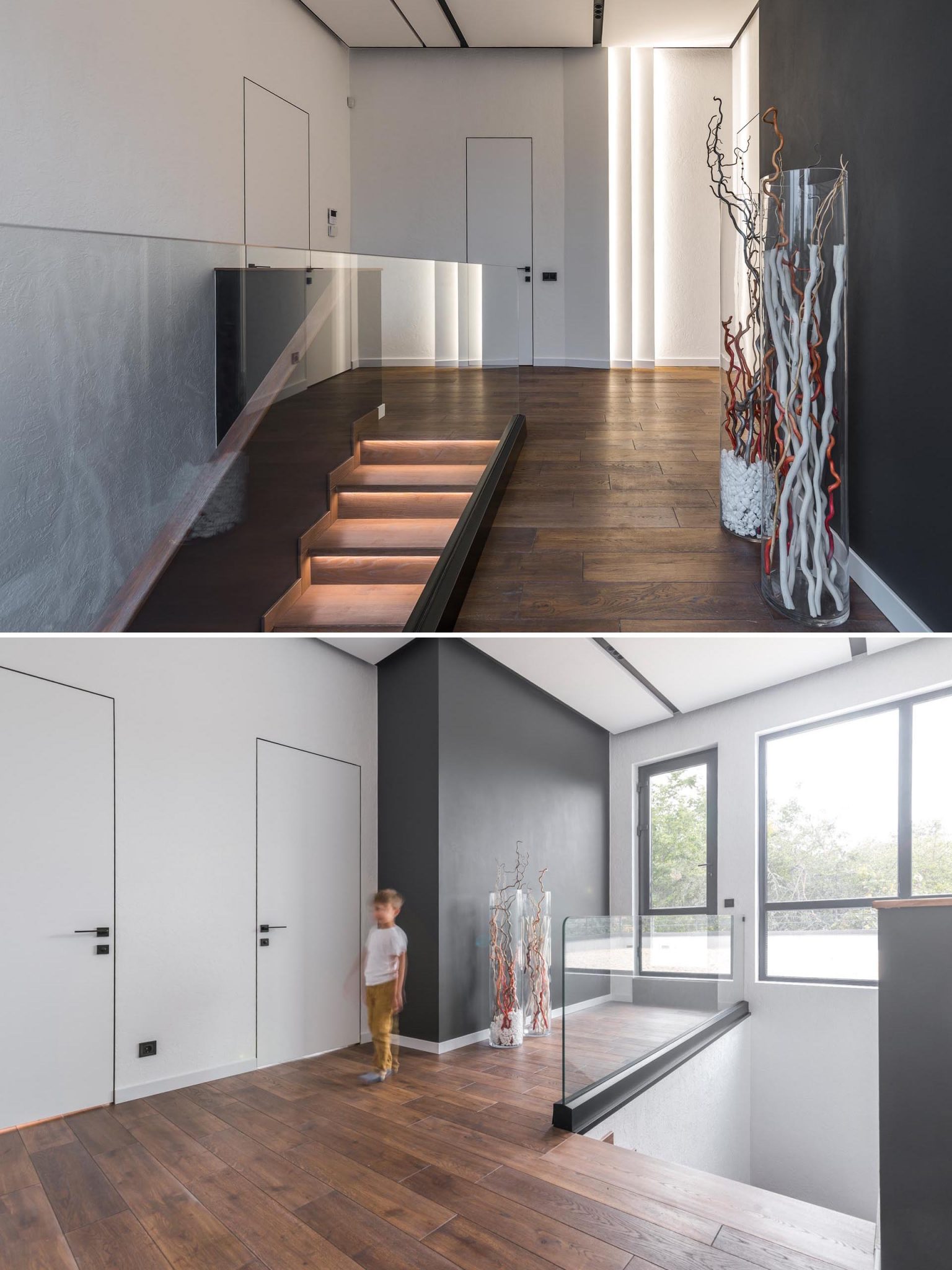 A Strip Of LED Lights Under The Stairs Of This Home Adds A Warm Glow To ...