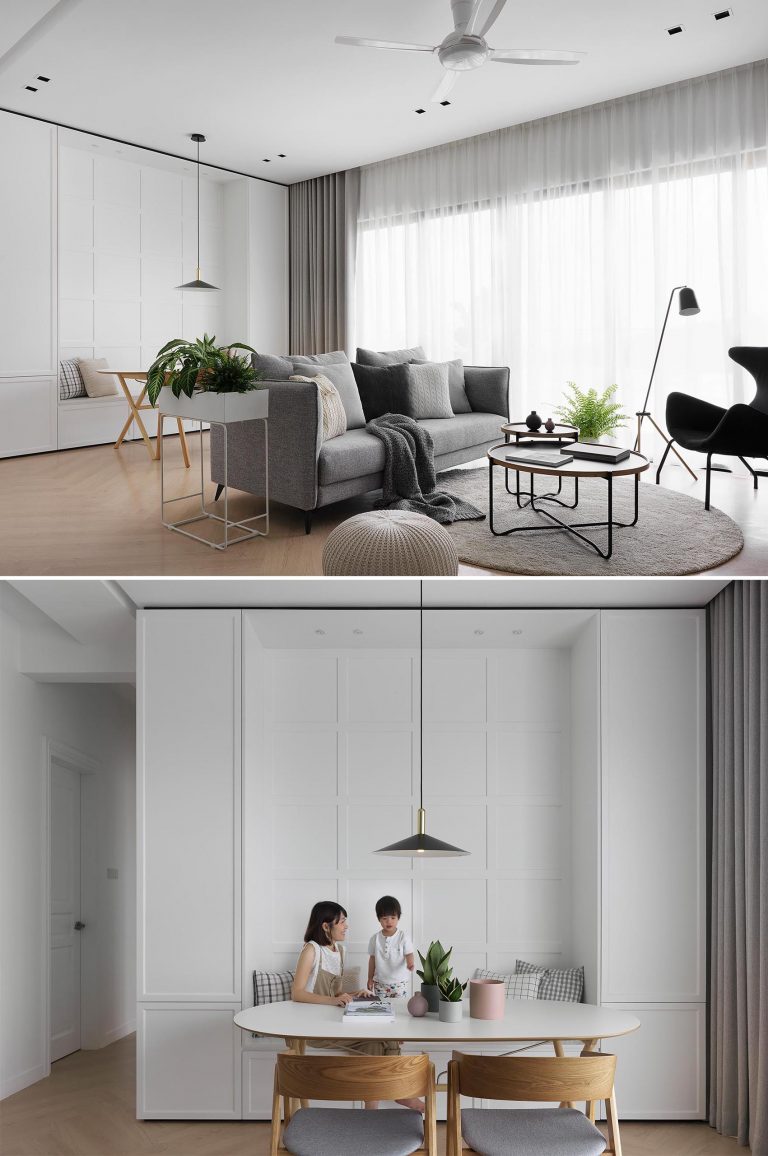 Herringbone Wood Flooring, Built-In Seating, And Black-Framed Glass ...