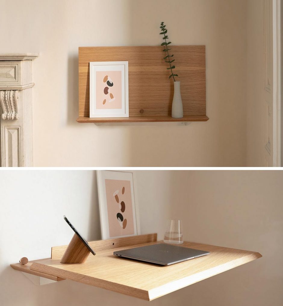 This Small Wall Mounted Shelf Transforms Into A Desk For Working At Home