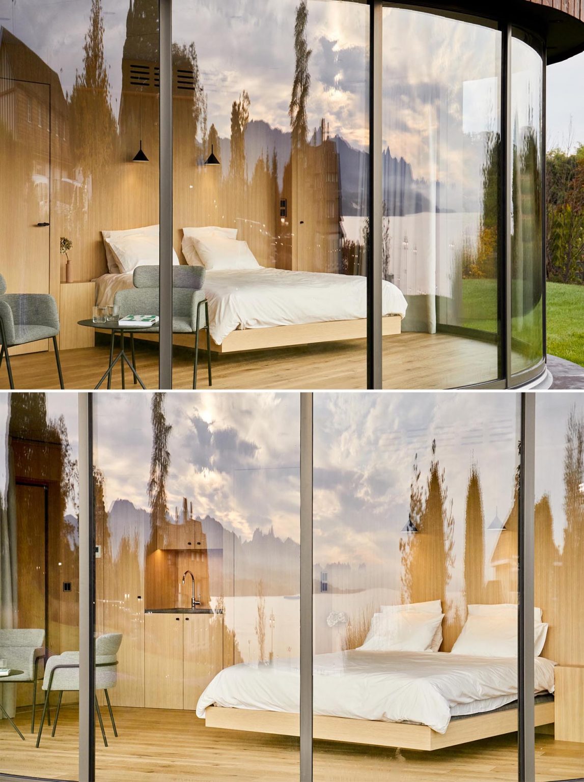 A Retractable Curved Glass Wall Is The Face Of This Small Round Cabin