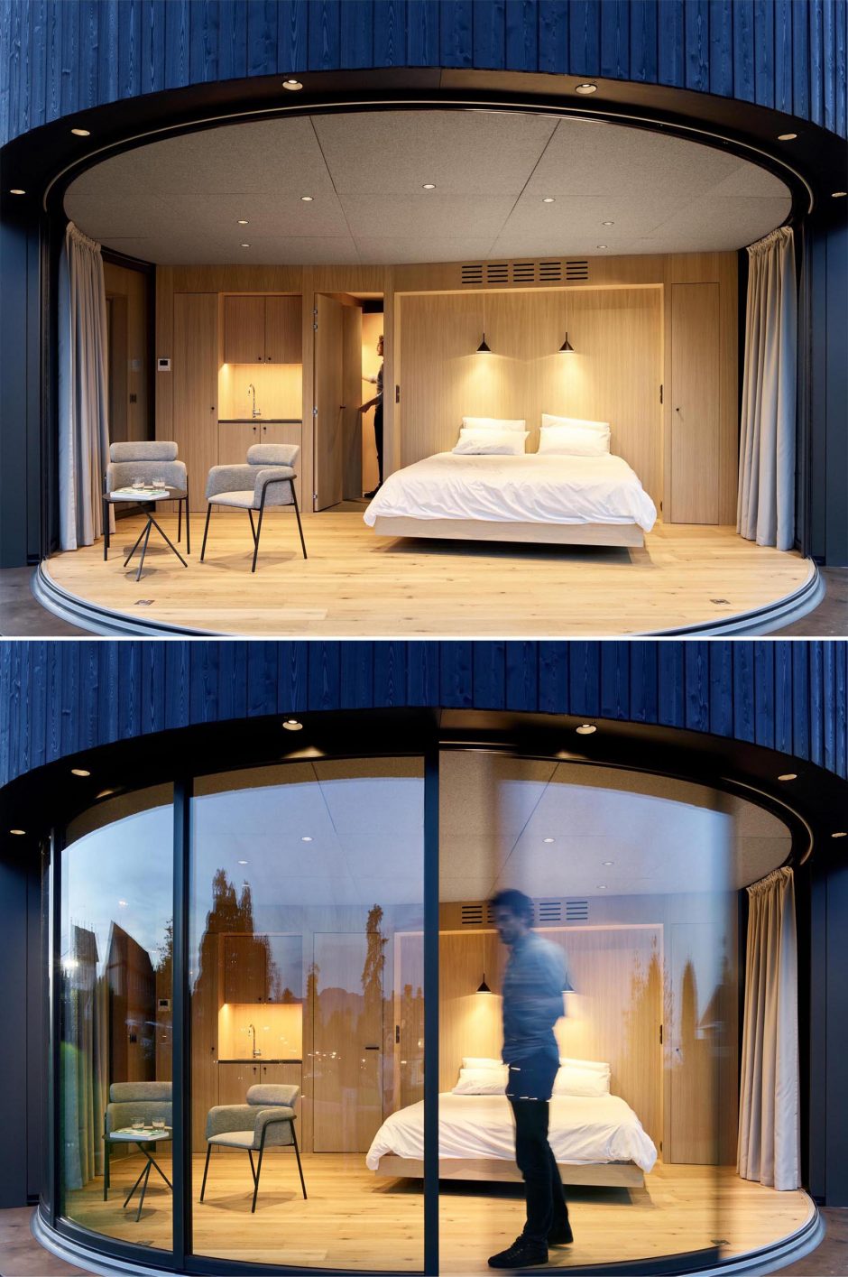 A Retractable Curved Glass Wall Is The Face Of This Small Round Cabin