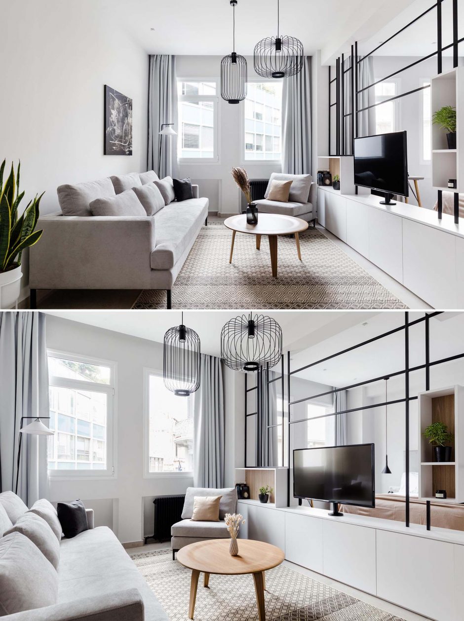 This Black Framed Room Divider Allows The TV To Be Used From Both Sides