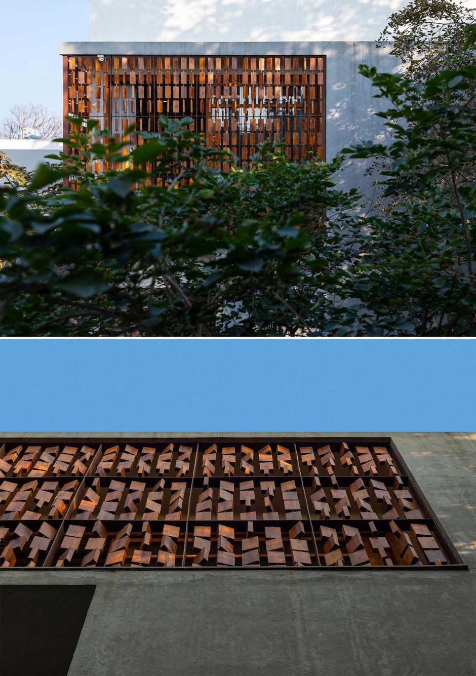 A Screen Made From Wood Blocks Wraps Around The Corner Of This Home