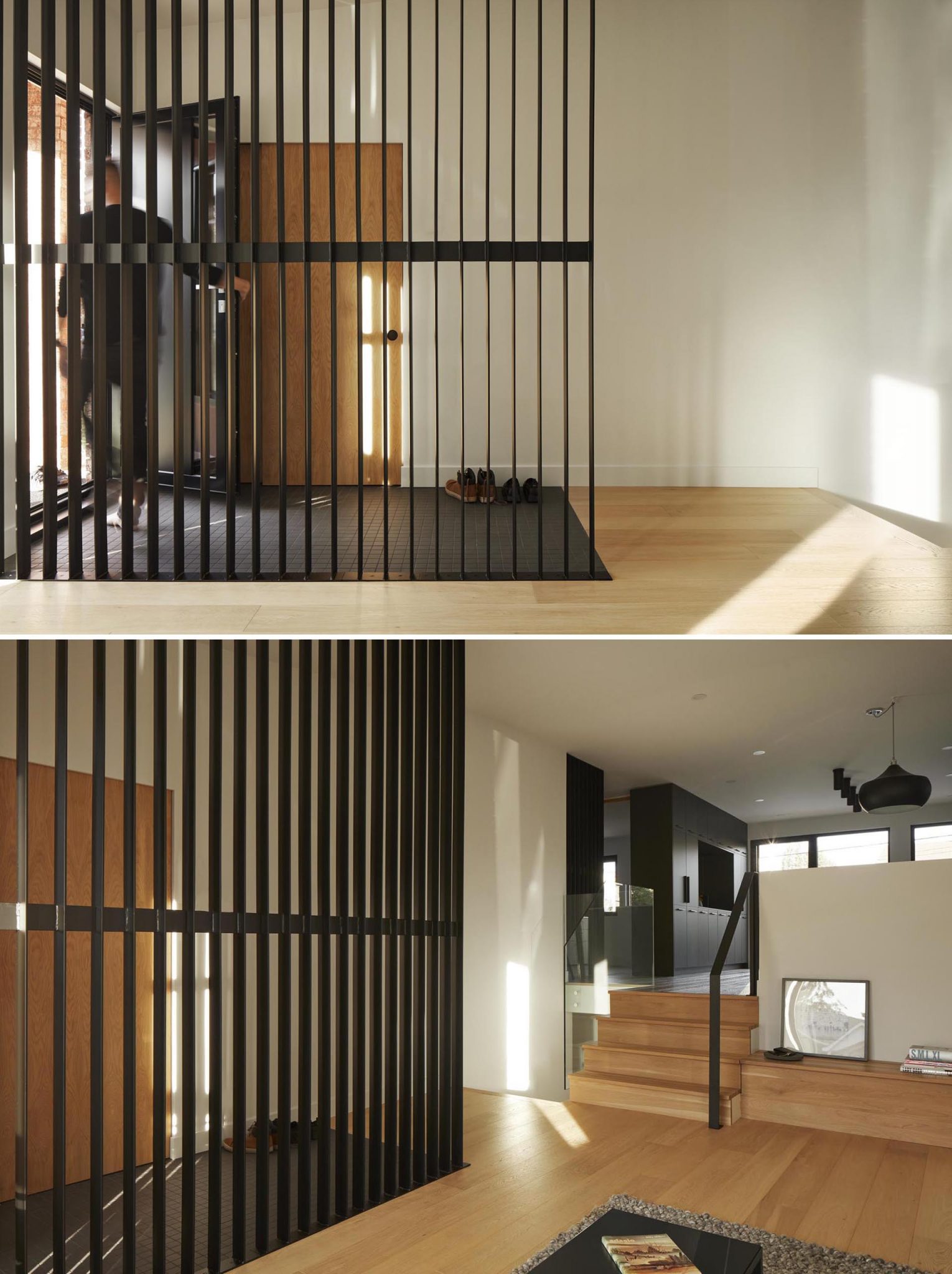 A Black Partition Helps Create A Designated Entryway For This House Remodel