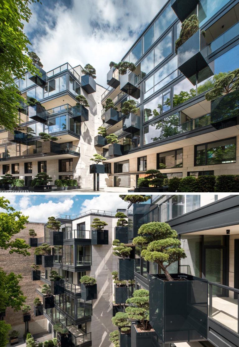Planters Filled With Bonsai Trees Cover The Exterior Of This Building