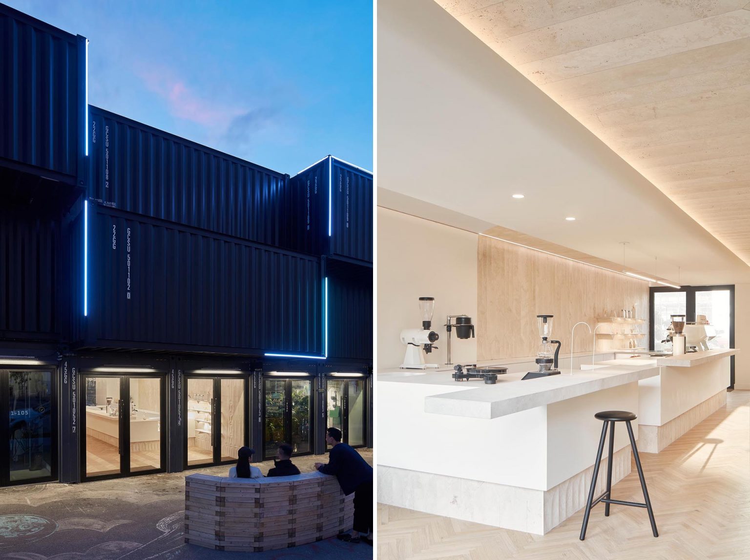 This Coffee Shop In A Shipping Container Is Filled With Light Materials ...