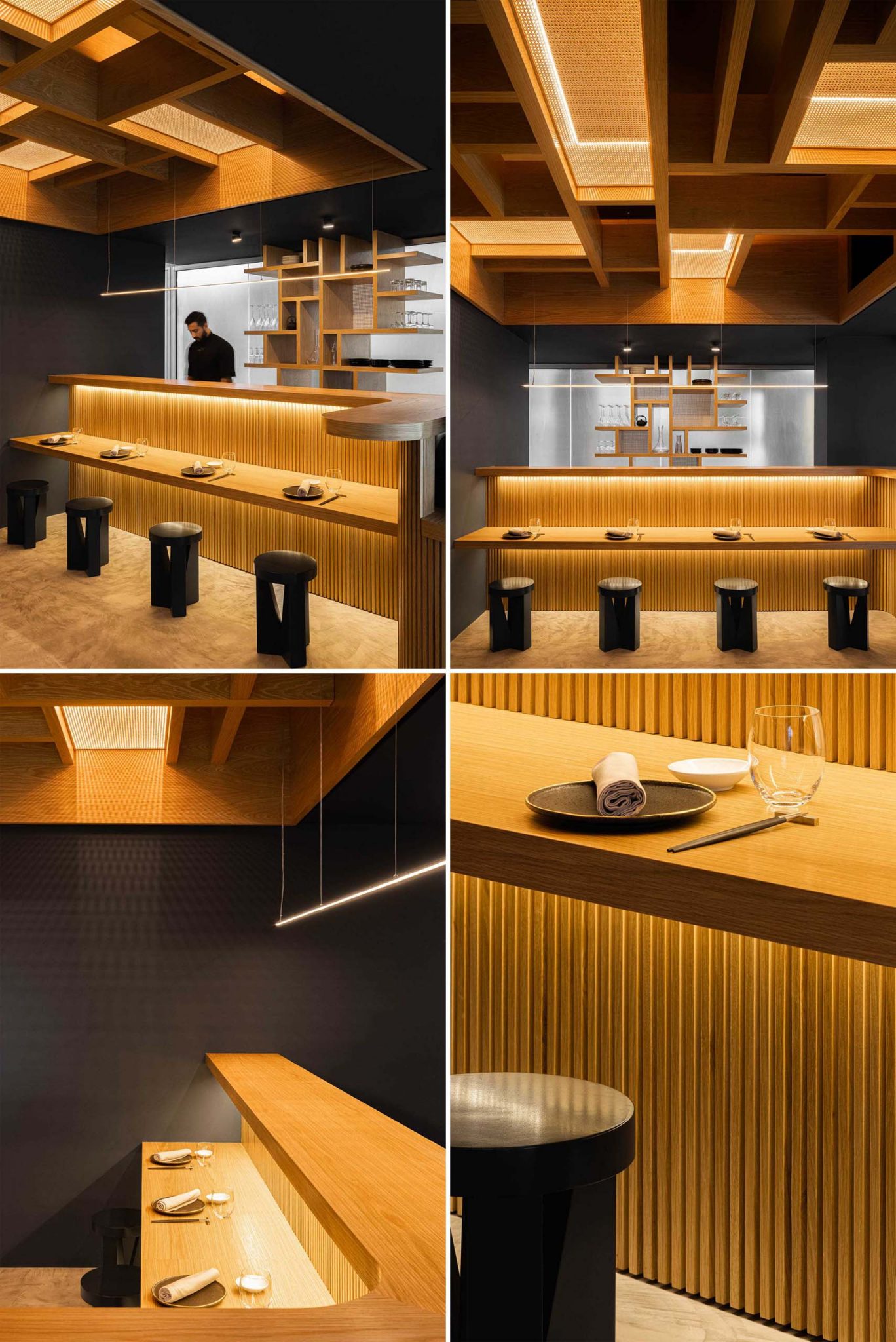 Wood And LED Lighting Create A Warm Glow In Contrast To The Dark ...