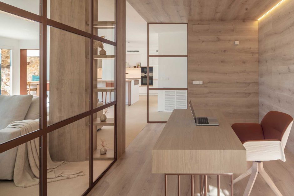 Copper Tones Are Balanced By White Corian In This Minimalist Bathroom