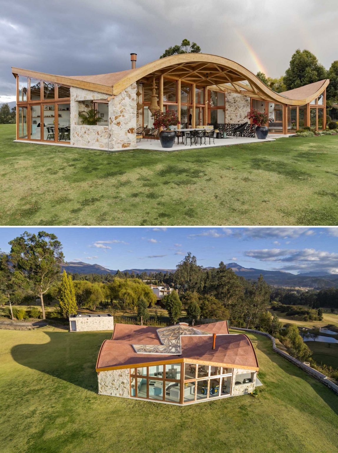 The Wavy Roof On This House Also Has An Exposed Wood Structure On The ...