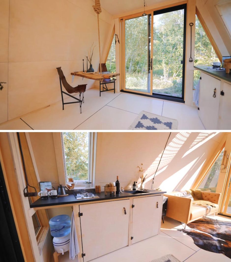 A Net Loft Is Made Possible From The High Ceiling Inside This A-Frame Cabin