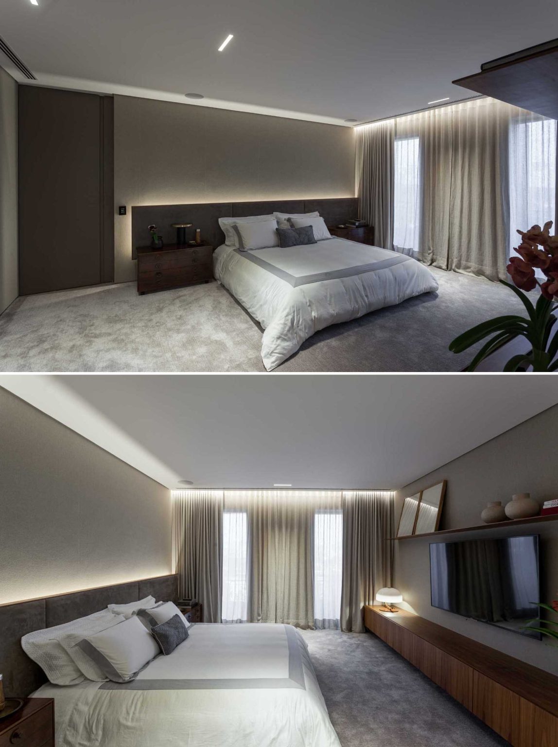 A Full-Wall Bookshelf With LED Lighting Frames The Windows Like Artwork In This Apartment