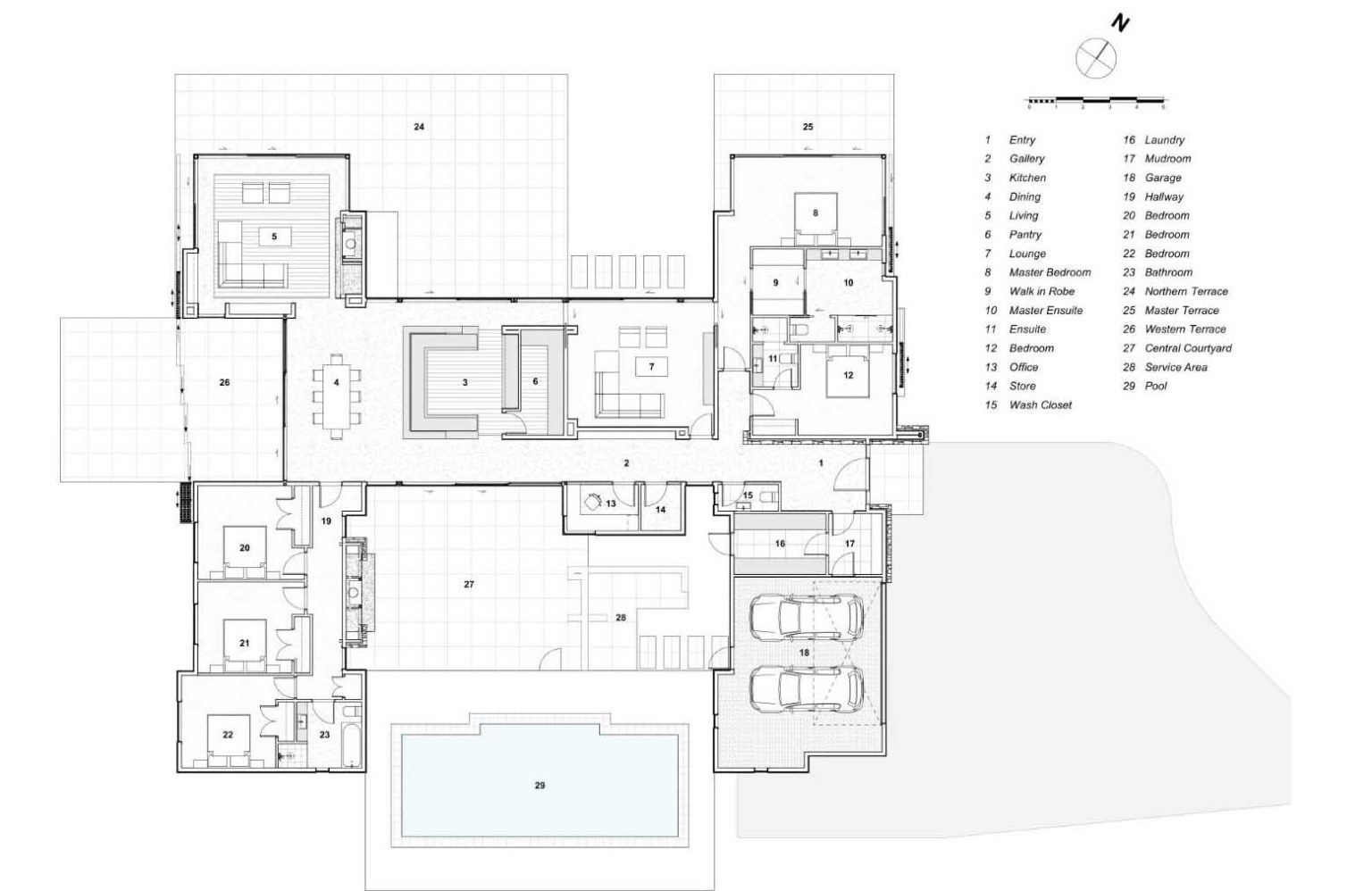 Sloping Rooflines Overhang The Separate Wings Of This Home