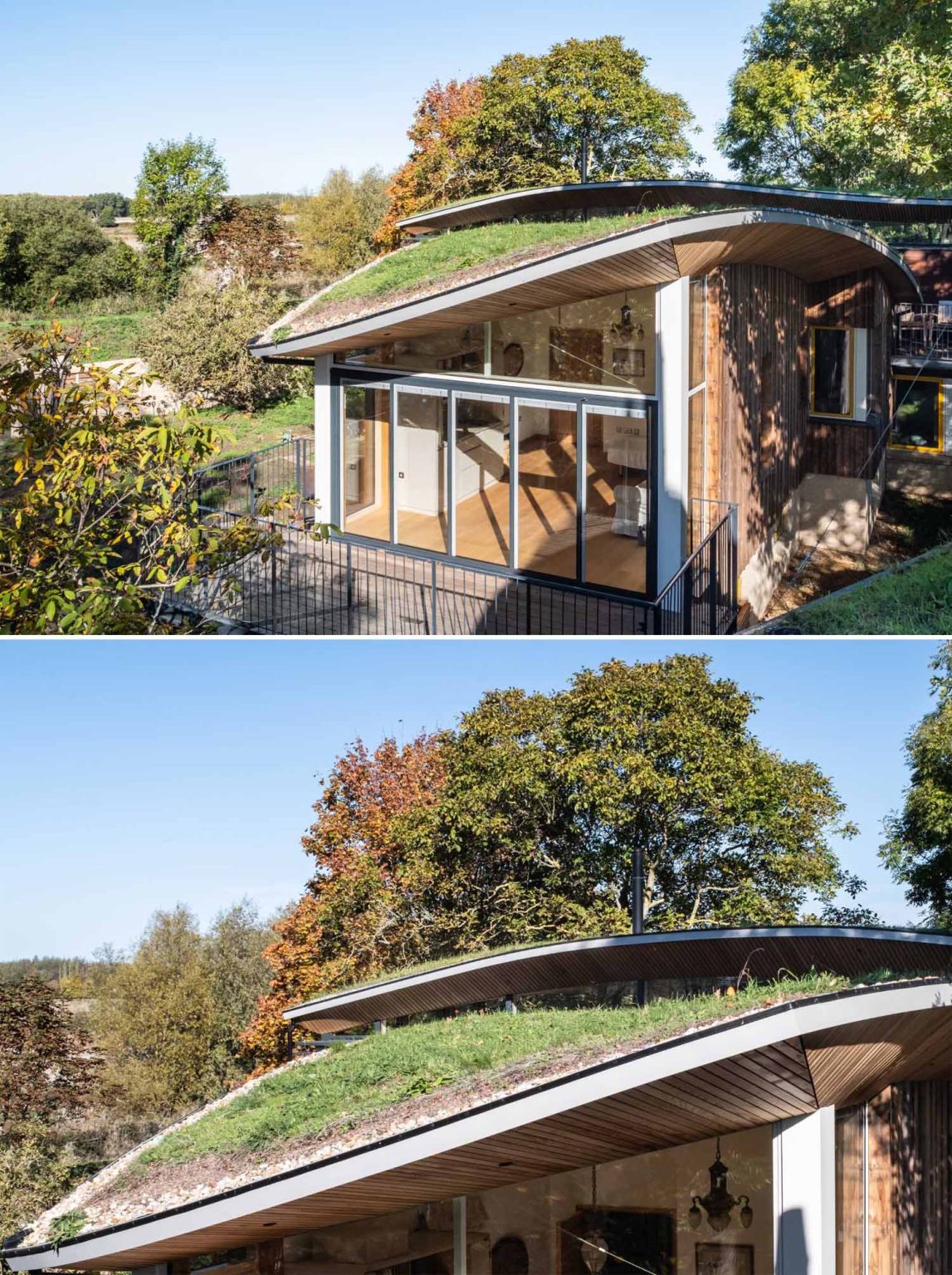 Curved Green Roofs Cover This Creekside Cabin