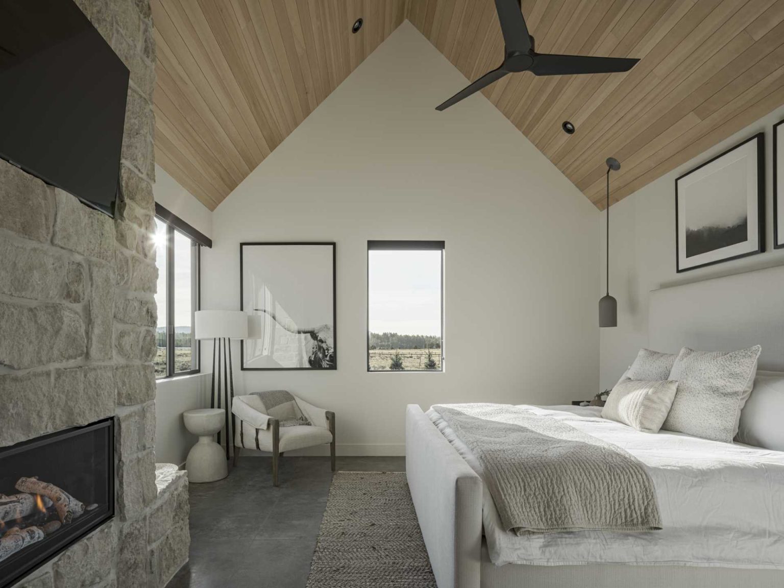 Wood Lines The Length Of The Gable Vaulted Ceiling In This Home
