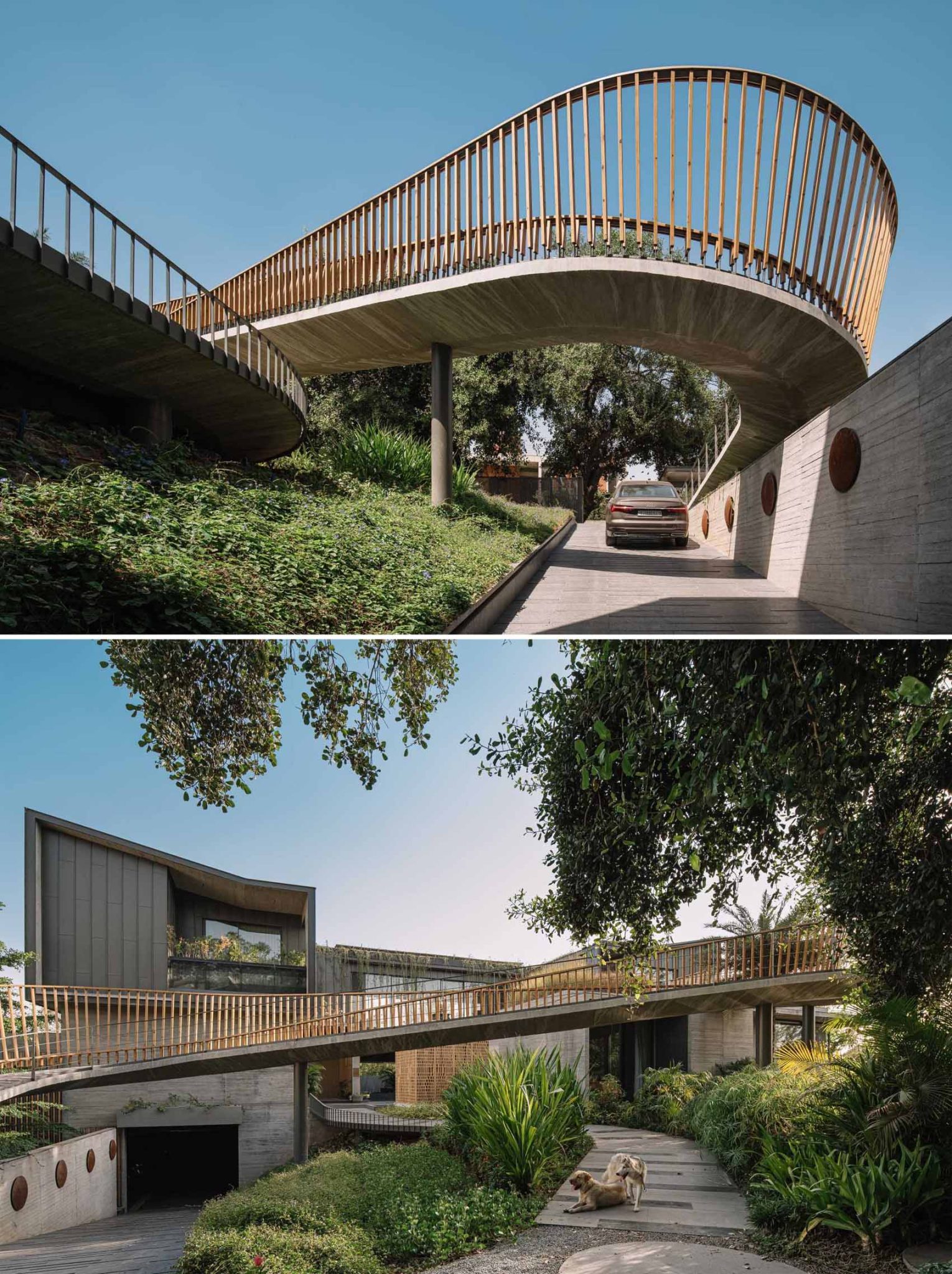 A Curving Bridge Leads To The Entertainment Areas Of This Modern Home