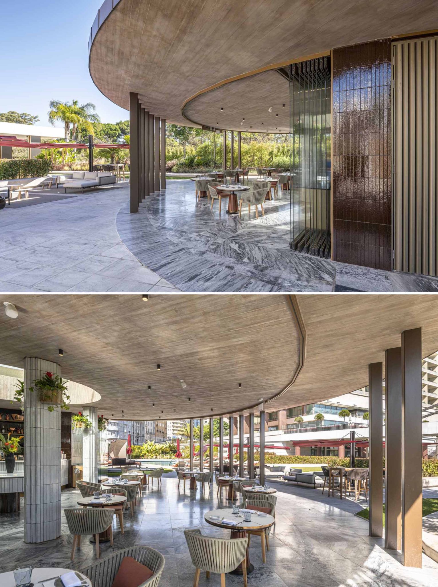 A Concrete Ceiling Floats Above This Round Hotel Bar