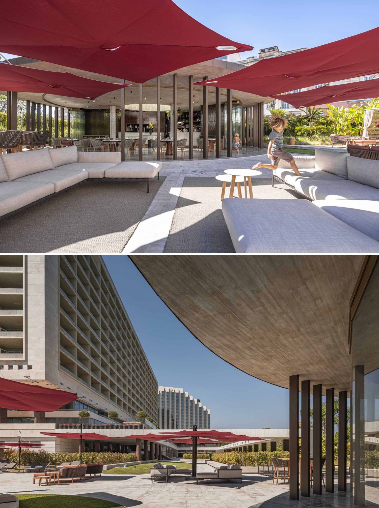 A Concrete Ceiling Floats Above This Round Hotel Bar