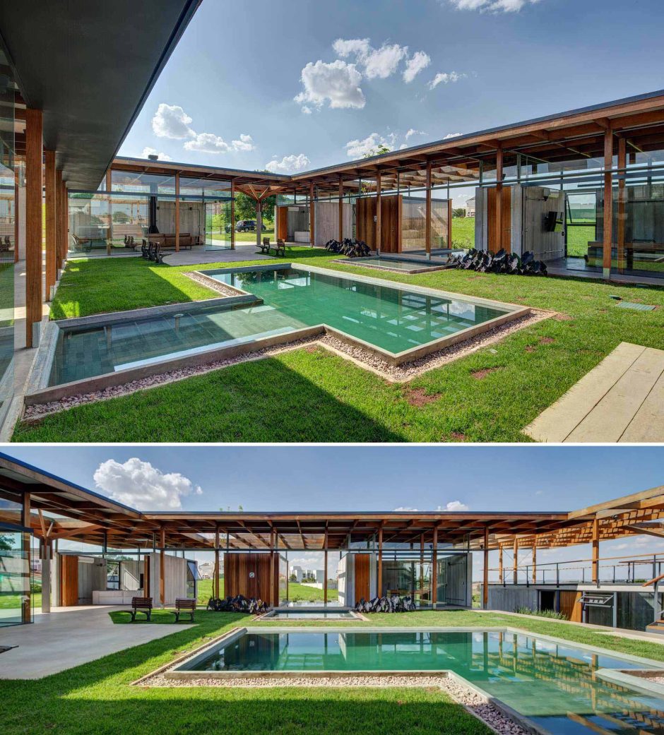 An Exposed Structure Shows Off This House Design That Wraps Around A Pool