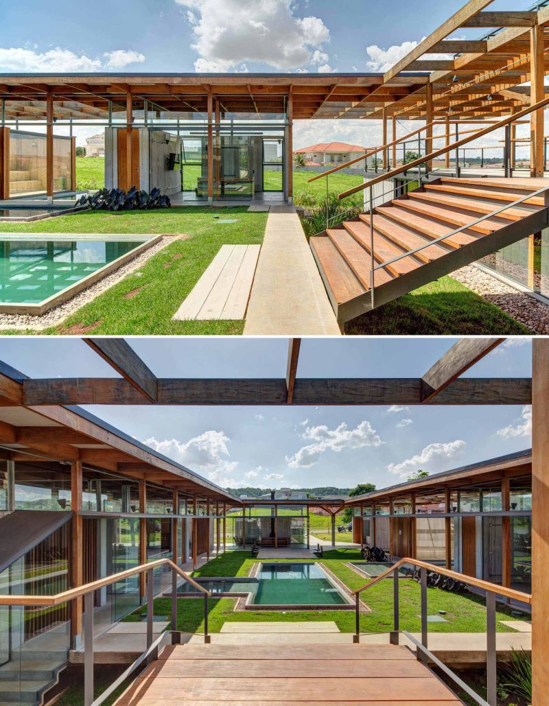An Exposed Structure Shows Off This House Design That Wraps Around A Pool